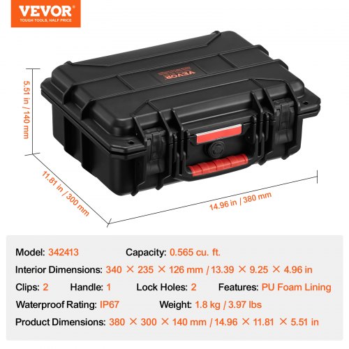 VEVOR 0.56 Cu.ft Weatherproof Hard Case with Handle Clips Padlock Holes ...