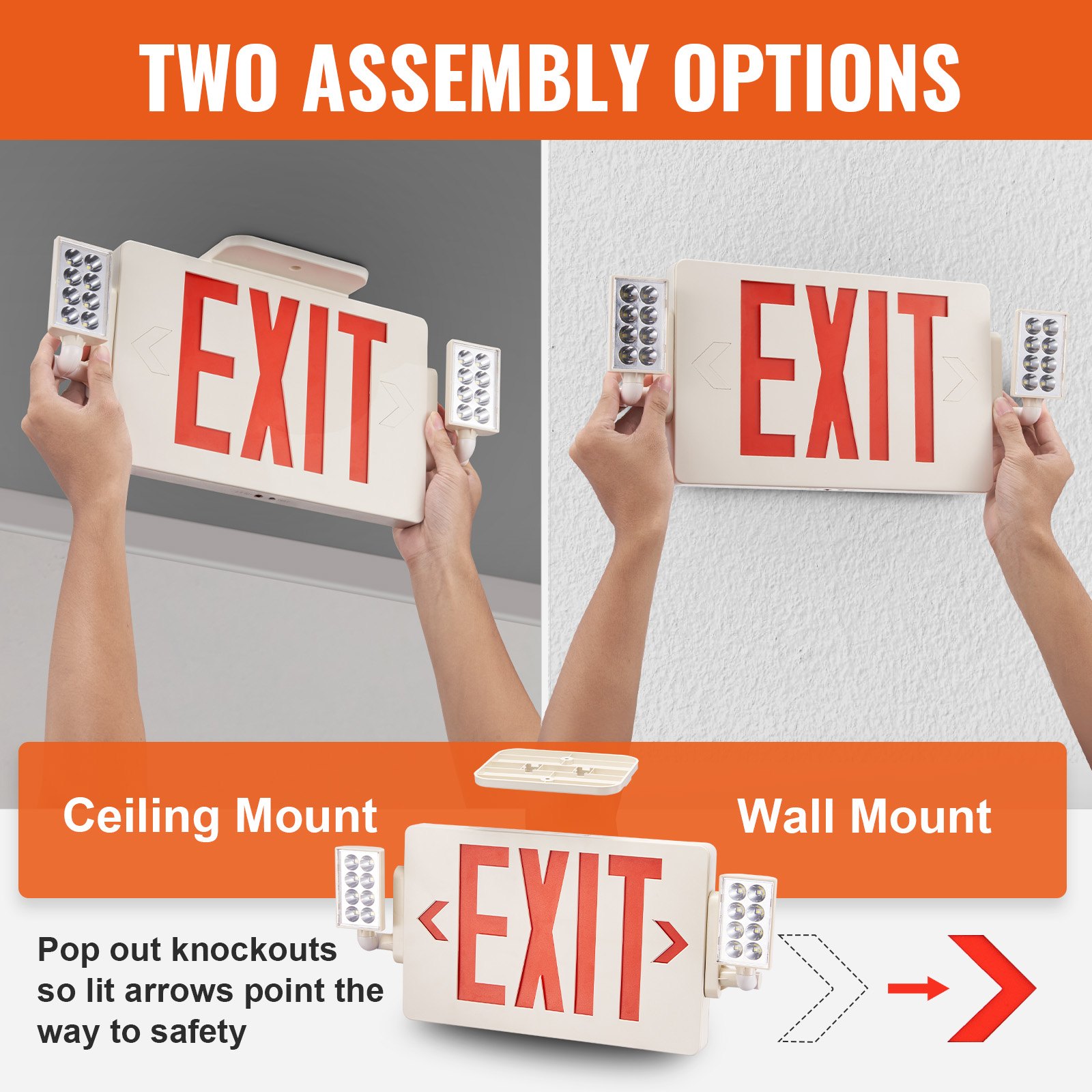 VEVOR LED Exit Sign with Emergency Lights, Two Heads Emergency Exit ...