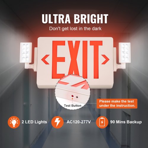 VEVOR LED Exit Sign with Emergency Lights, Two Heads Emergency Exit ...