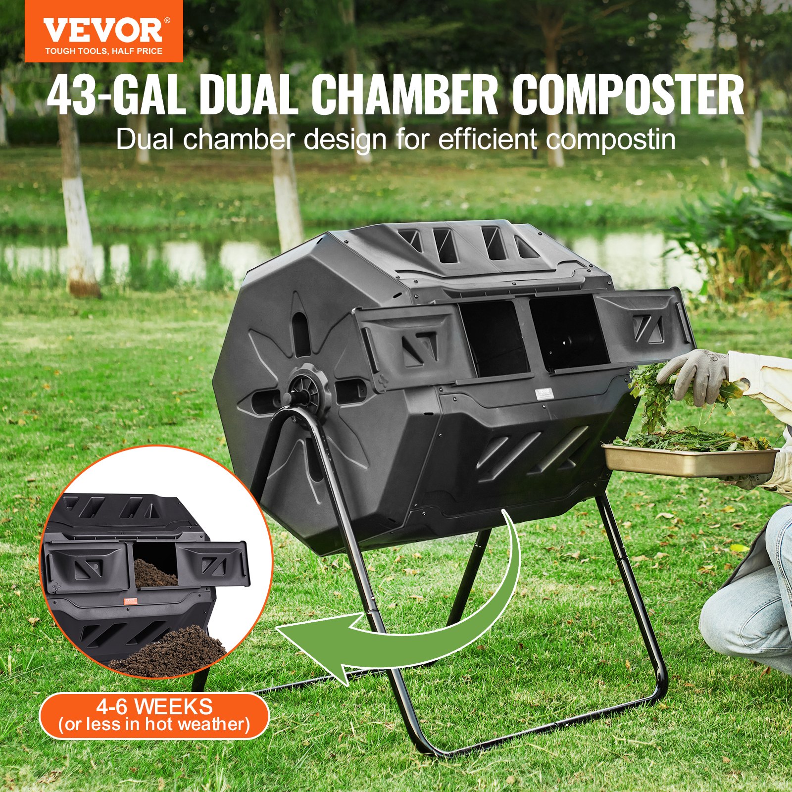 VEVOR Compost Bin, 43-Gal Dual Chamber Composting Tumbler, Large ...
