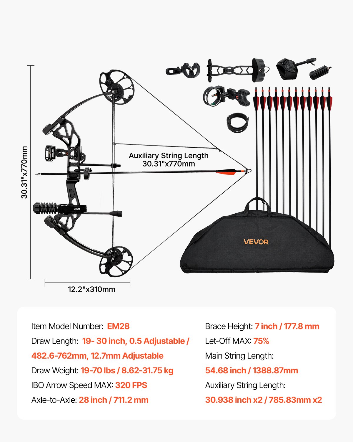 VEVOR Compound Bow Archery, Adjustable 19-30 in Draw Length Compound ...