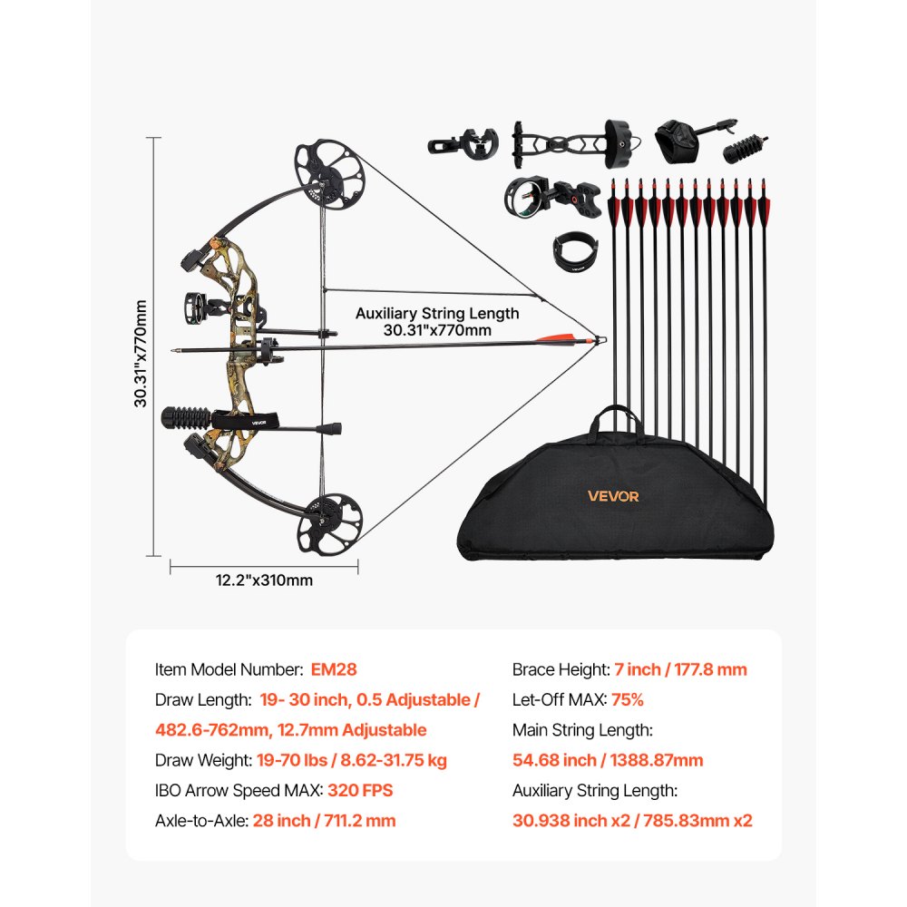 VEVOR Compound Bow Archery, Adjustable 19-30 in Draw Length Compound ...