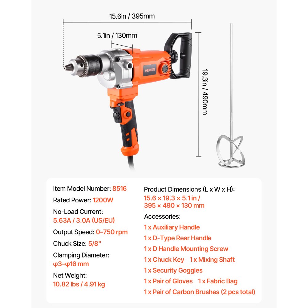 VEVOR Drill Mixer, 5/8 inch Corded Electric Drill Mixer Set, 0-750RPM 5 ...