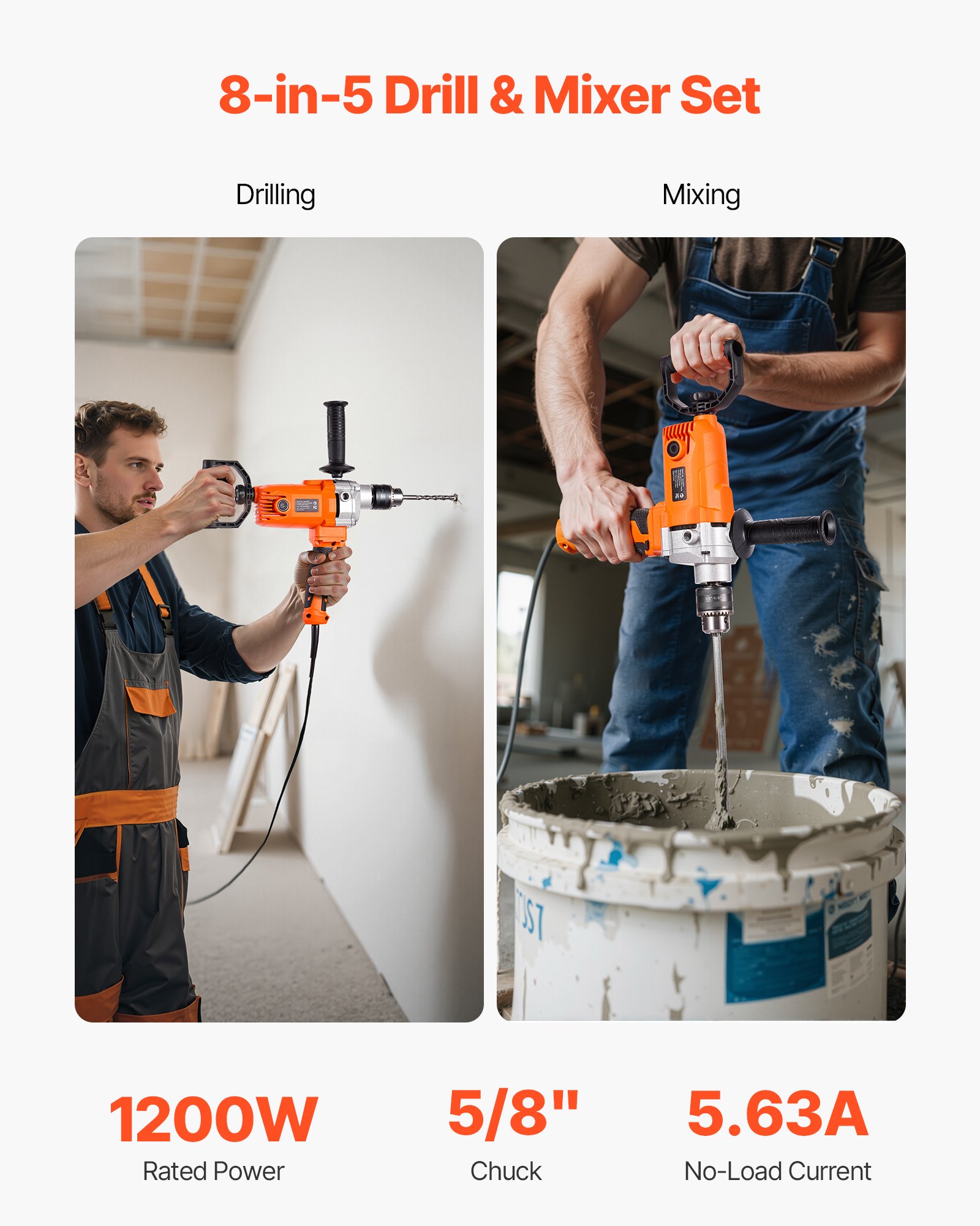 VEVOR Drill Mixer, 5/8 inch Corded Electric Drill Mixer Set, 0-750RPM 5 ...