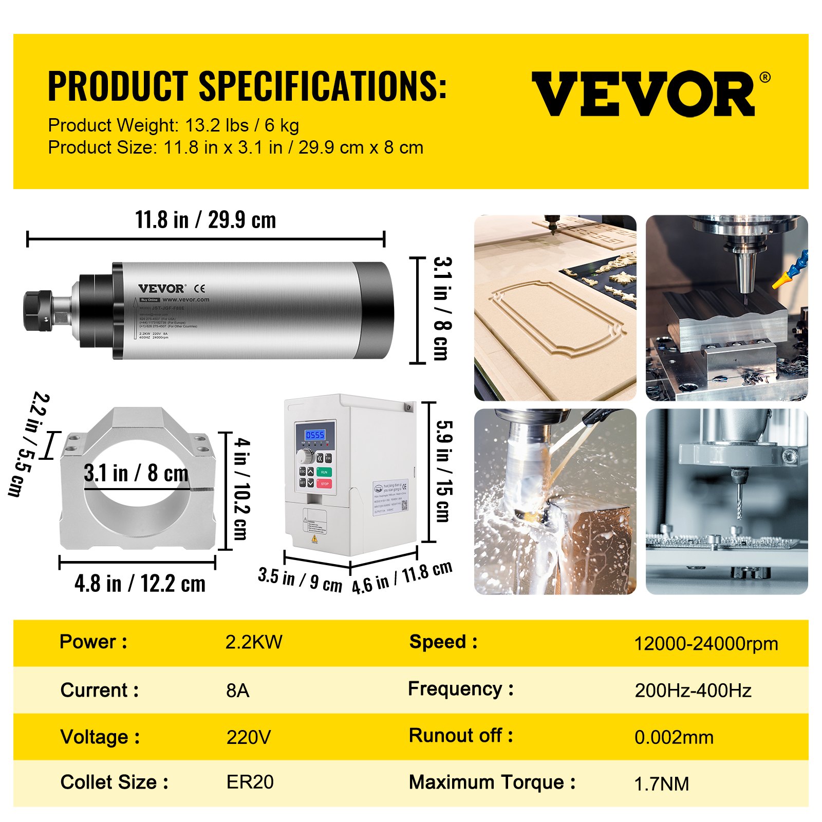 VEVOR CNC Spindle Kits, 2.2KW 80mm Air Cooled Spindle Motor W/ Clamp ...