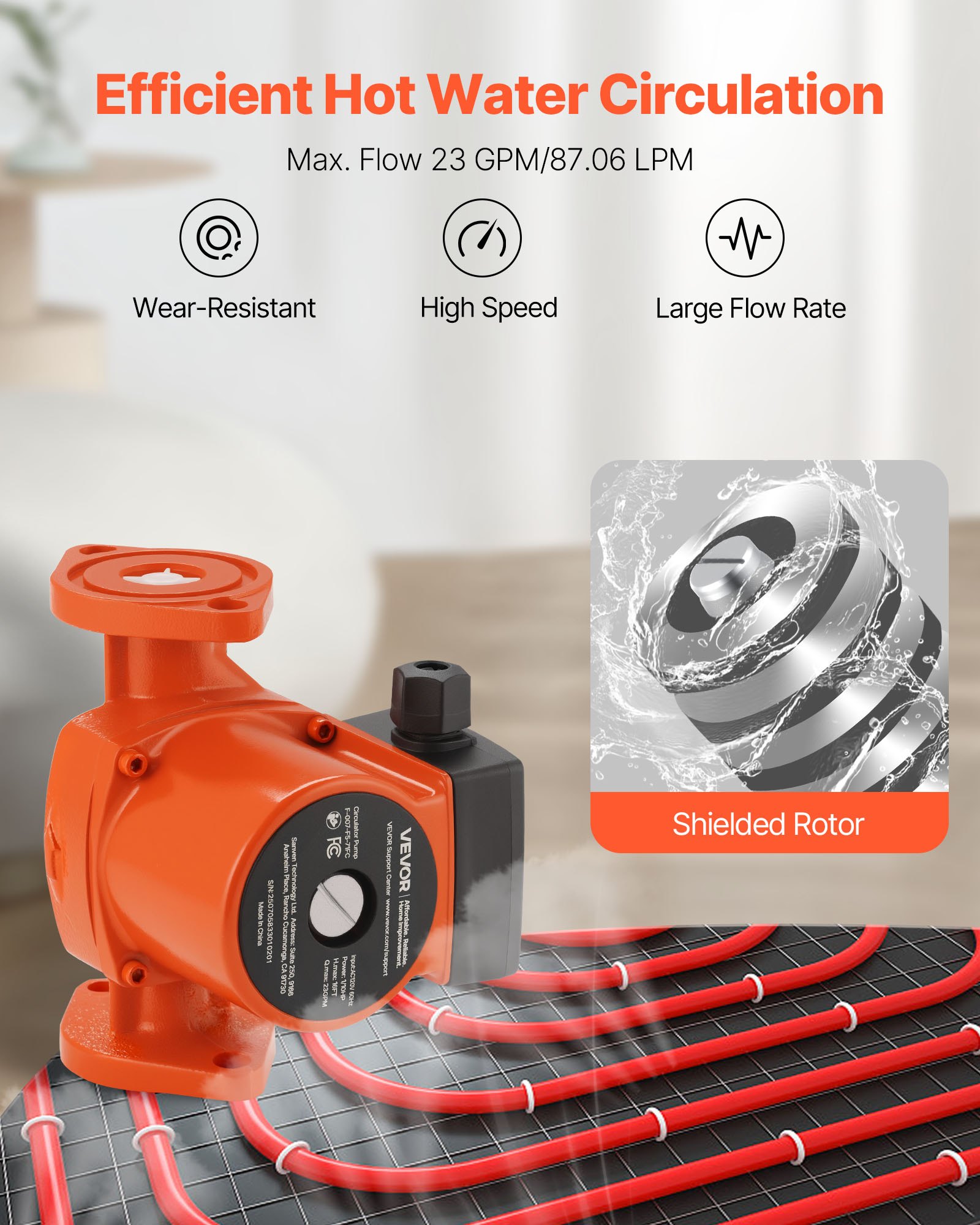 VEVOR F-007-F5-71FC Cast Iron Circulator Pump, 23 GPM, AC 120V 16 ft ...