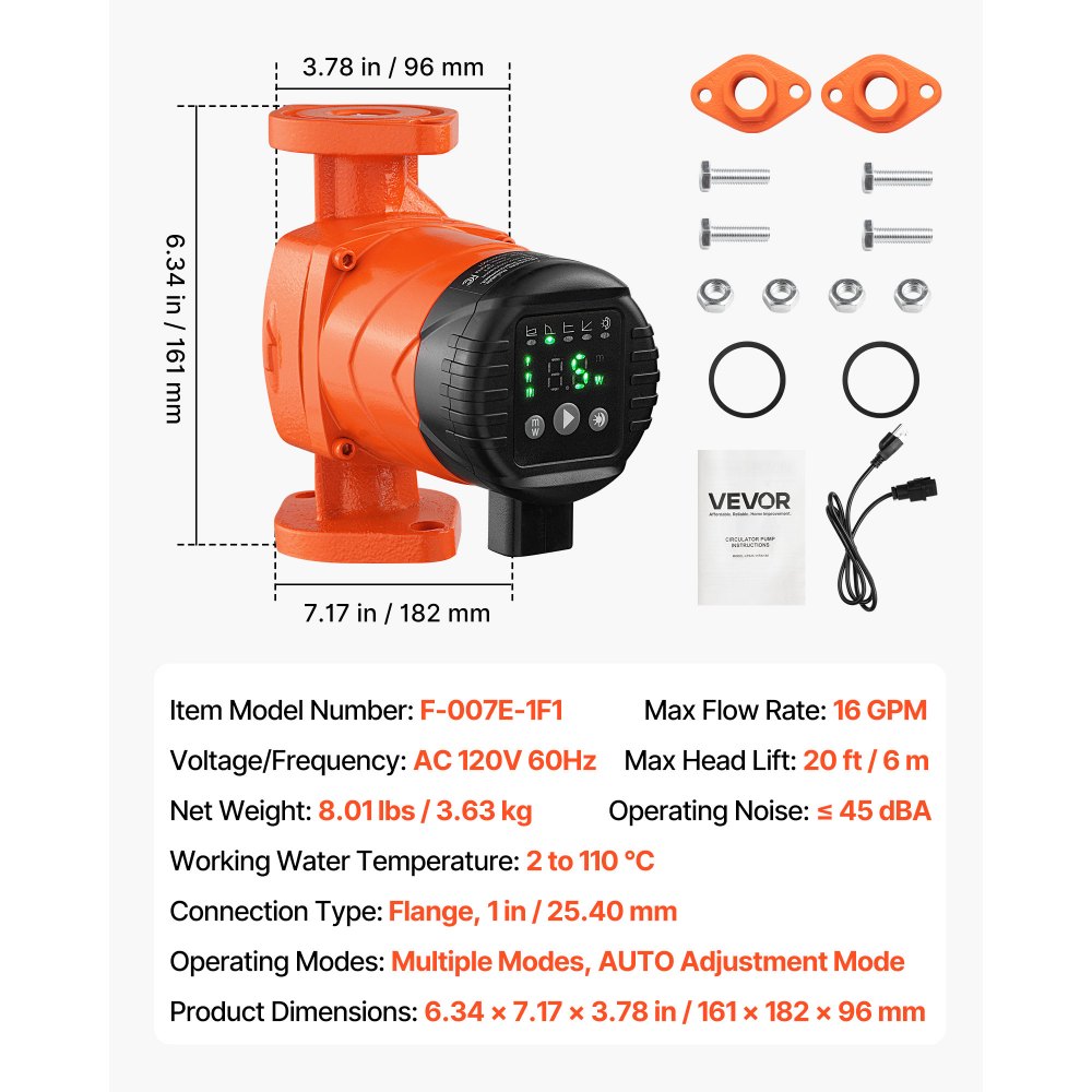 VEVOR F-007E-1F1 High Efficiency Circulator Pump, 16 GPM, 120V 20 ft ...