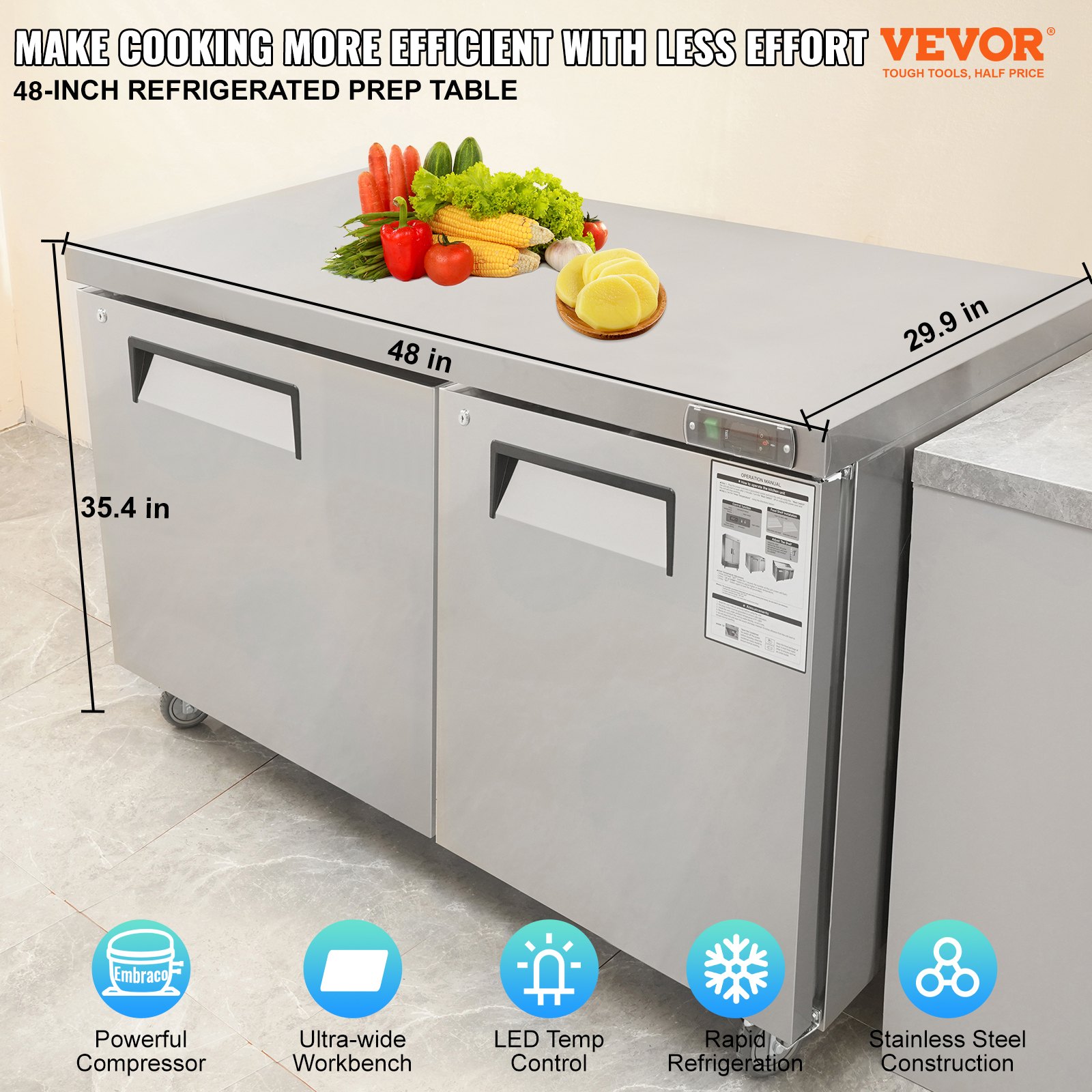 VEVOR Commercial Refrigerator, 48" Worktop Undercounter Refrigerator ...