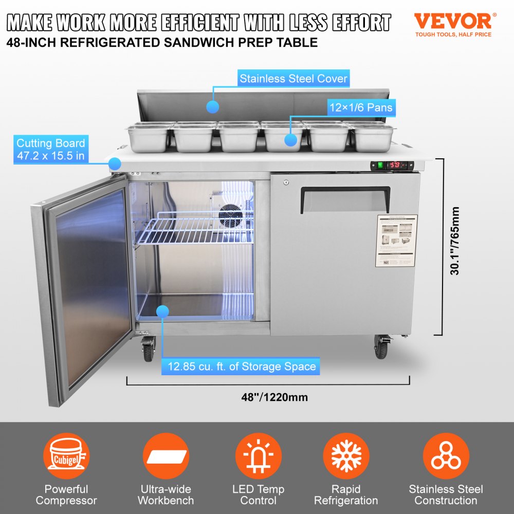 VEVOR Commercial Refrigerator, 48" Sandwich & Salad Prep Table, 12.85 ...