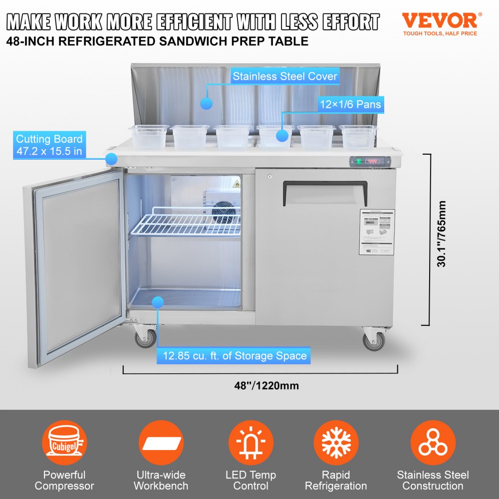 VEVOR Commercial Refrigerator, 48" Sandwich & Salad Prep Table, 12.85 ...