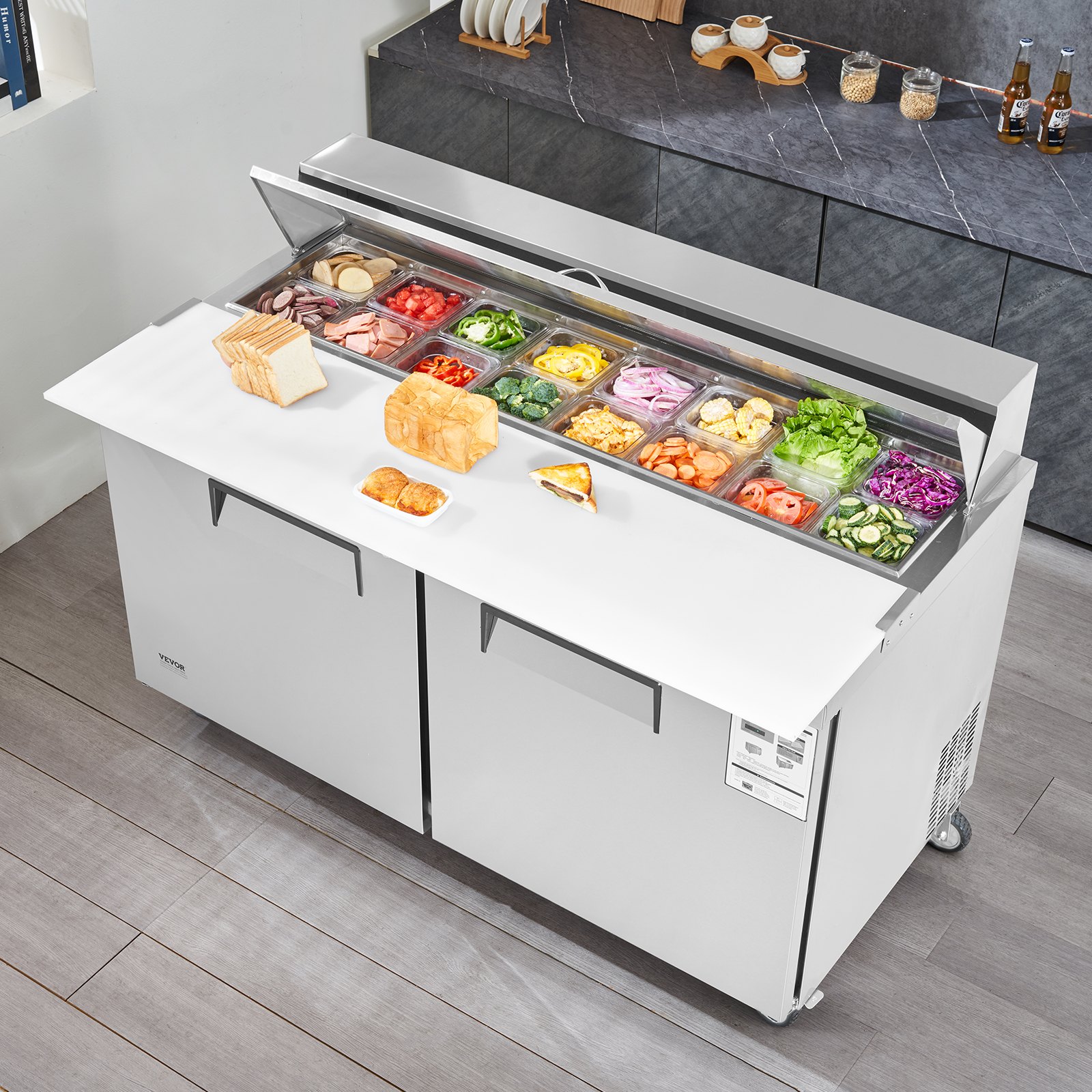 VEVOR Sandwich Prep Table Refrigerator – 60", 16.4 Cu.Ft