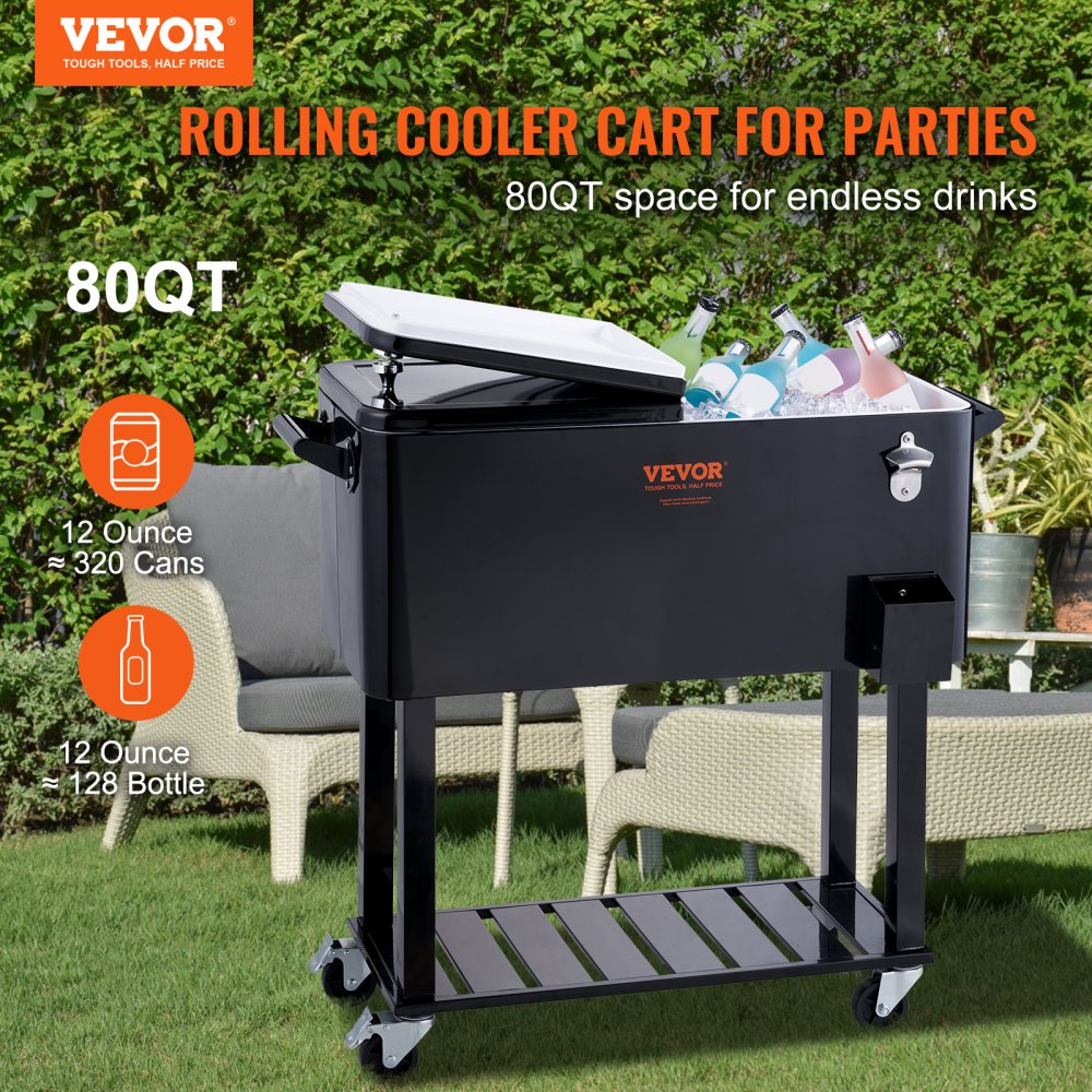 VEVOR Rolling Ice Chest Cooler Cart 80 Quart, Portable Bar Drink Cooler ...