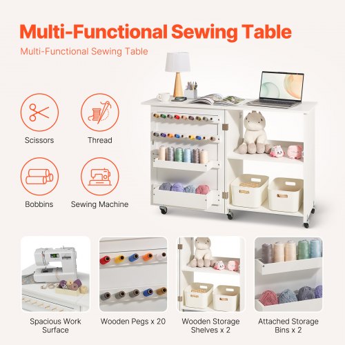 Folding Sewing Table with Lockable Wheels Storage Shelves Trays Door ...
