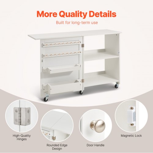 Folding Sewing Table with Lockable Wheels Storage Shelves Trays Door ...