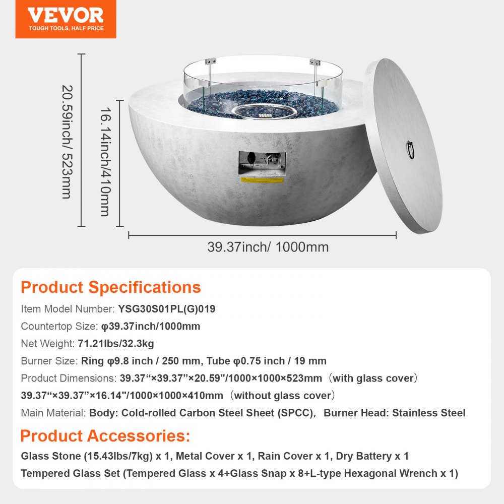 VEVOR Propane Fire Pit Outdoor Concrete Gas Fire Pit 39 in Tabletop ...