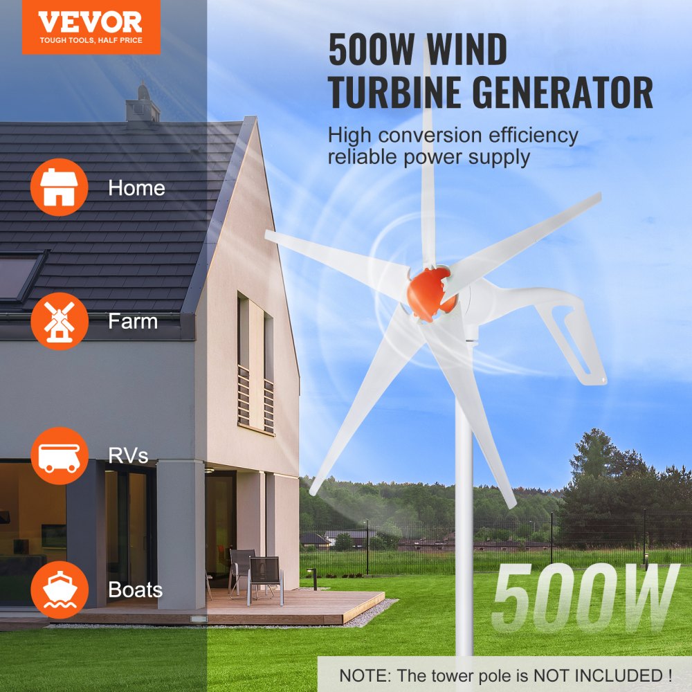 VEVOR 500W Wind Turbine Generator, 12V Wind Turbine Kit, 5-Blade Wind ...