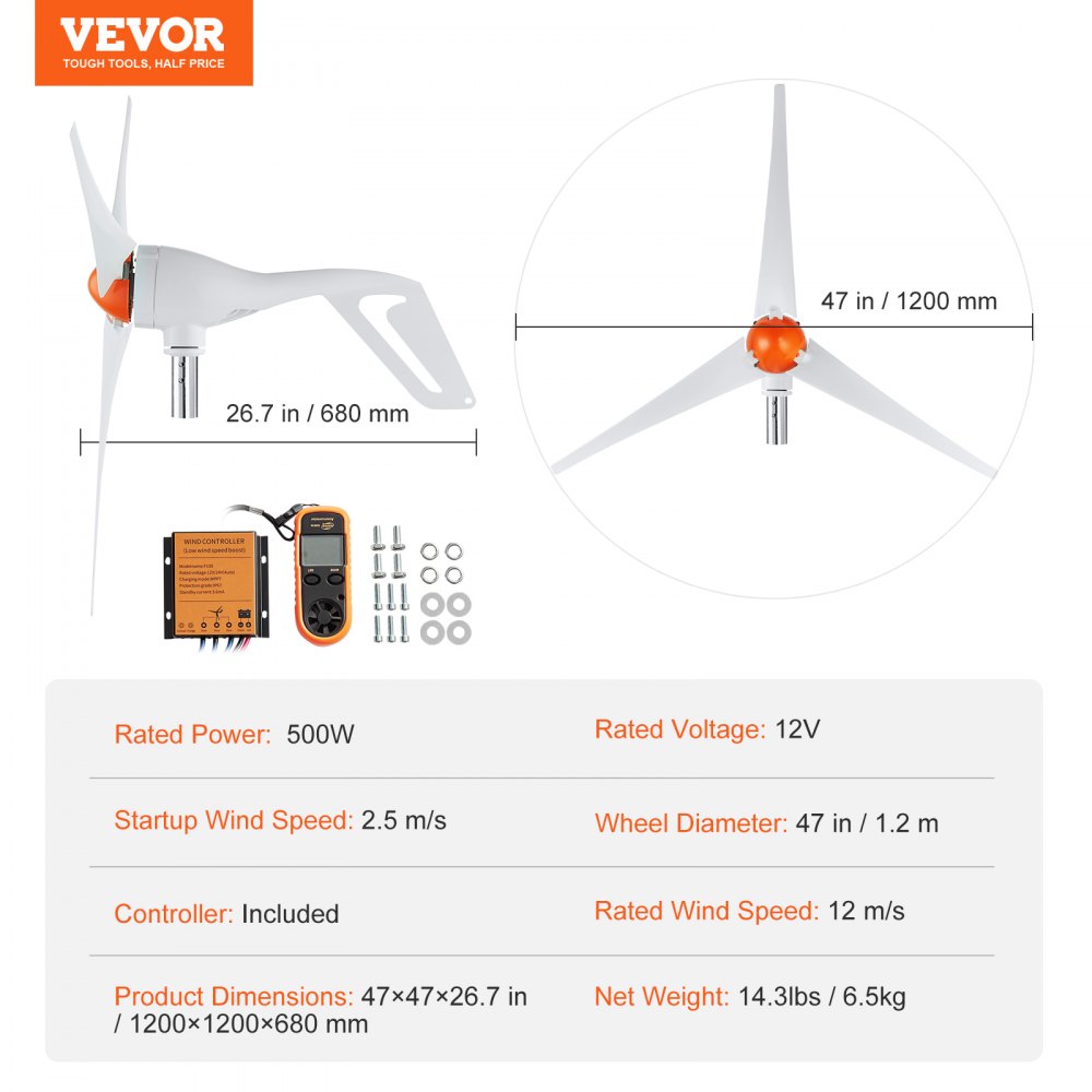 VEVOR VEVOR 500W Wind Turbine Generator, 12V Wind Turbine Kit, 3-Blade ...