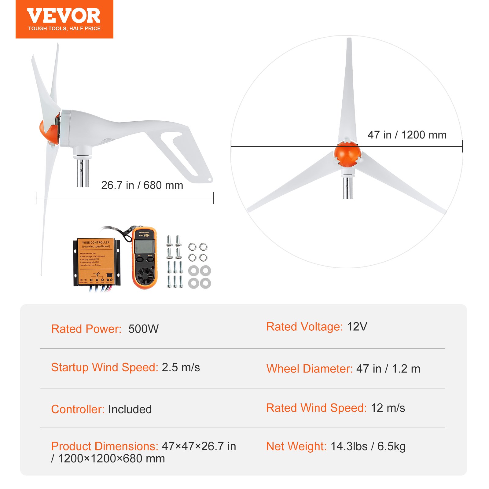 VEVOR 500W Wind Turbine Generator with Anemometer, 12V Wind Turbine Kit ...