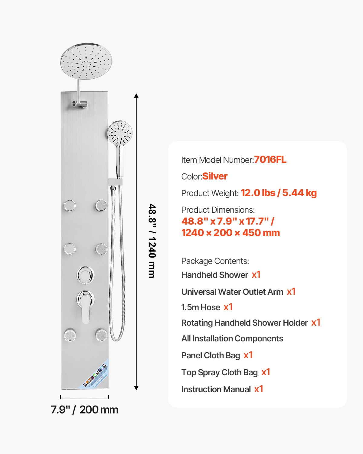 VEVOR Shower Panel Tower System – 49", 3 Faucet, 6 Jets