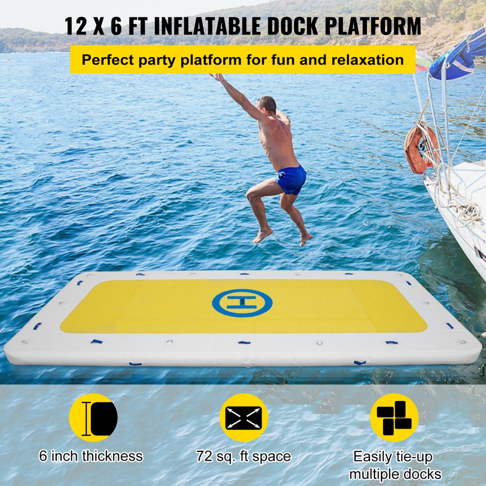 VEVOR Inflatable Dock Floating Platform, 12 x 6 ft, 3-5 Person Capacity ...