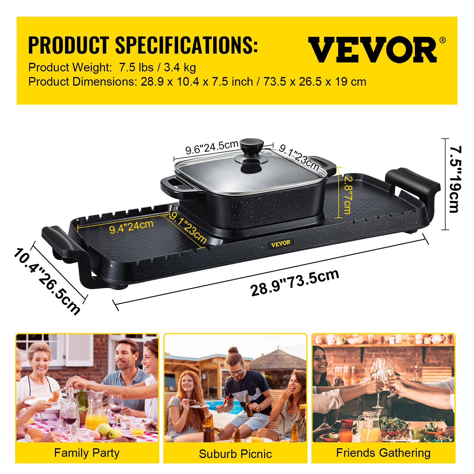VEVOR 2 in 1 Electric Grill and Hot Pot, 2400W BBQ Pan Grill and Hot ...
