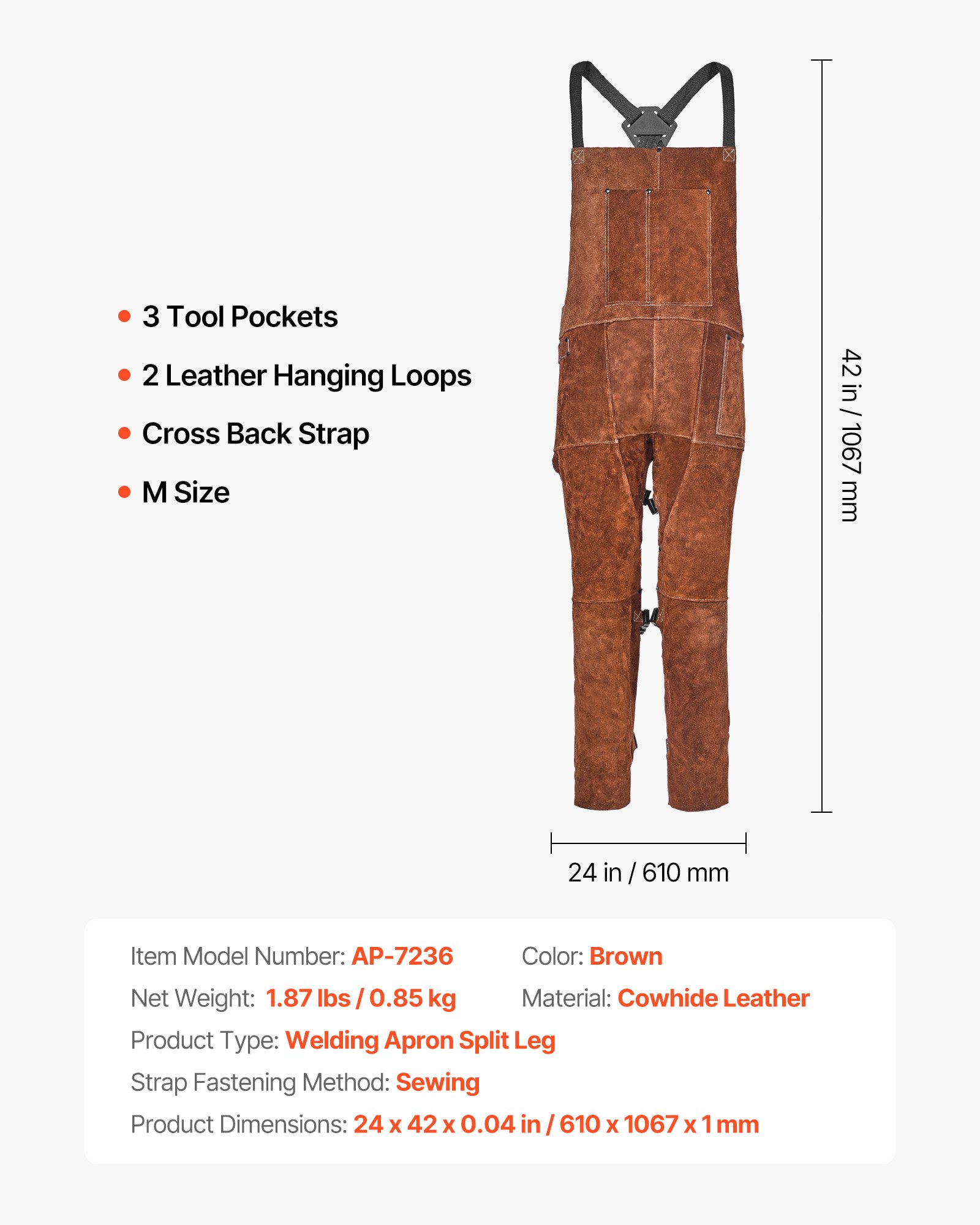 VEVOR Leather Welding Apron Split Leg – Cowhide 24x42, M