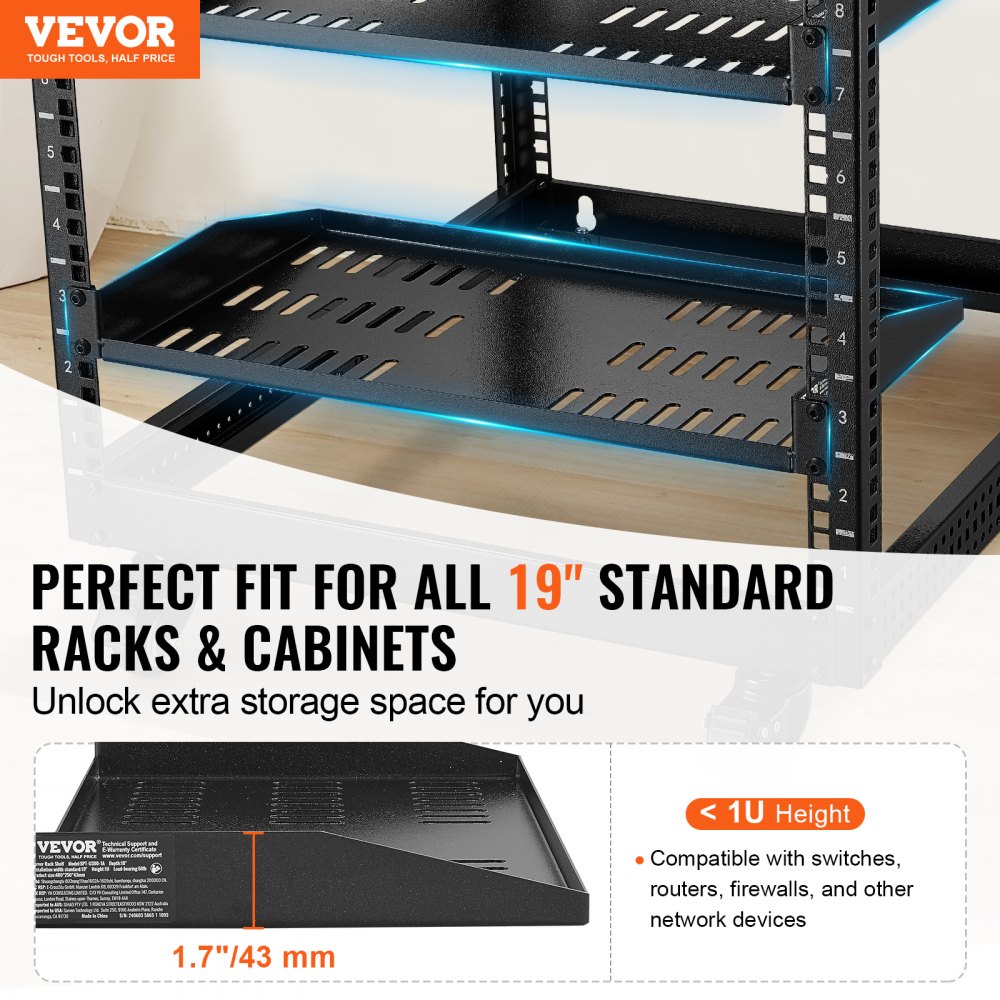 VEVOR 2PCS 1U Server Rack Shelf 10"/254 mm Depth Vented Rack Mount ...