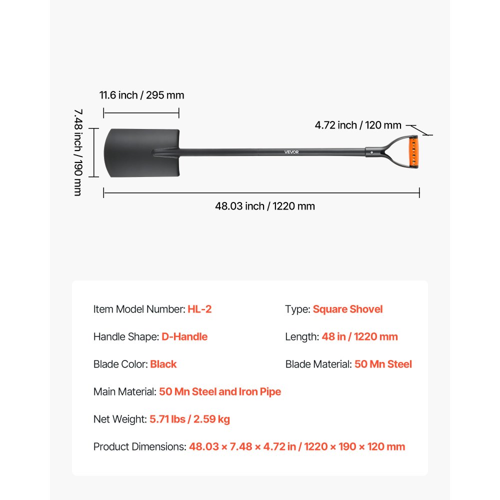 VEVOR Square Point Shovel - 48" Length, 5.71 lbs
