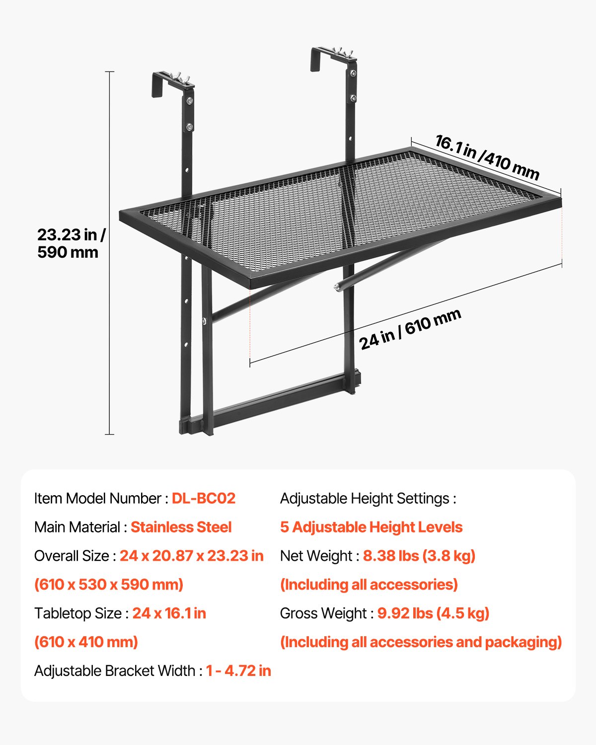 Balcony Hanging Table 19 x 24 in Outdoor Metal Patio Railing Table ...