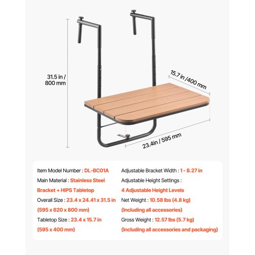 Balcony Hanging Table 25 x 24 in Outdoor Patio Railing Bar Table ...