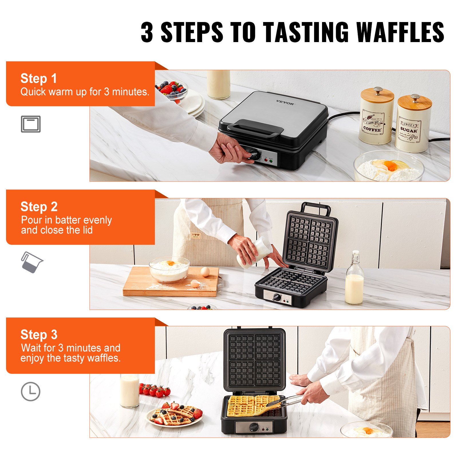 VEVOR Waffle Maker, 4 Slices per Batch, 1200W Square Waffle Iron, Non ...