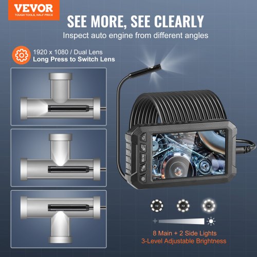 VEVOR Endoscope Camera with Lights Triple Lens Borescope 49.2FT Cable 5 ...