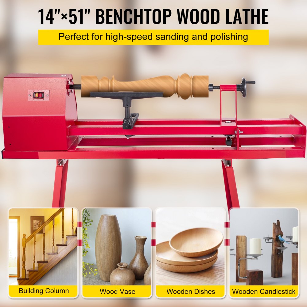 VEVOR Benchtop Wood Lathe, 14"×51" Power Wood Lathe, 750W mini lathe, 4 ...