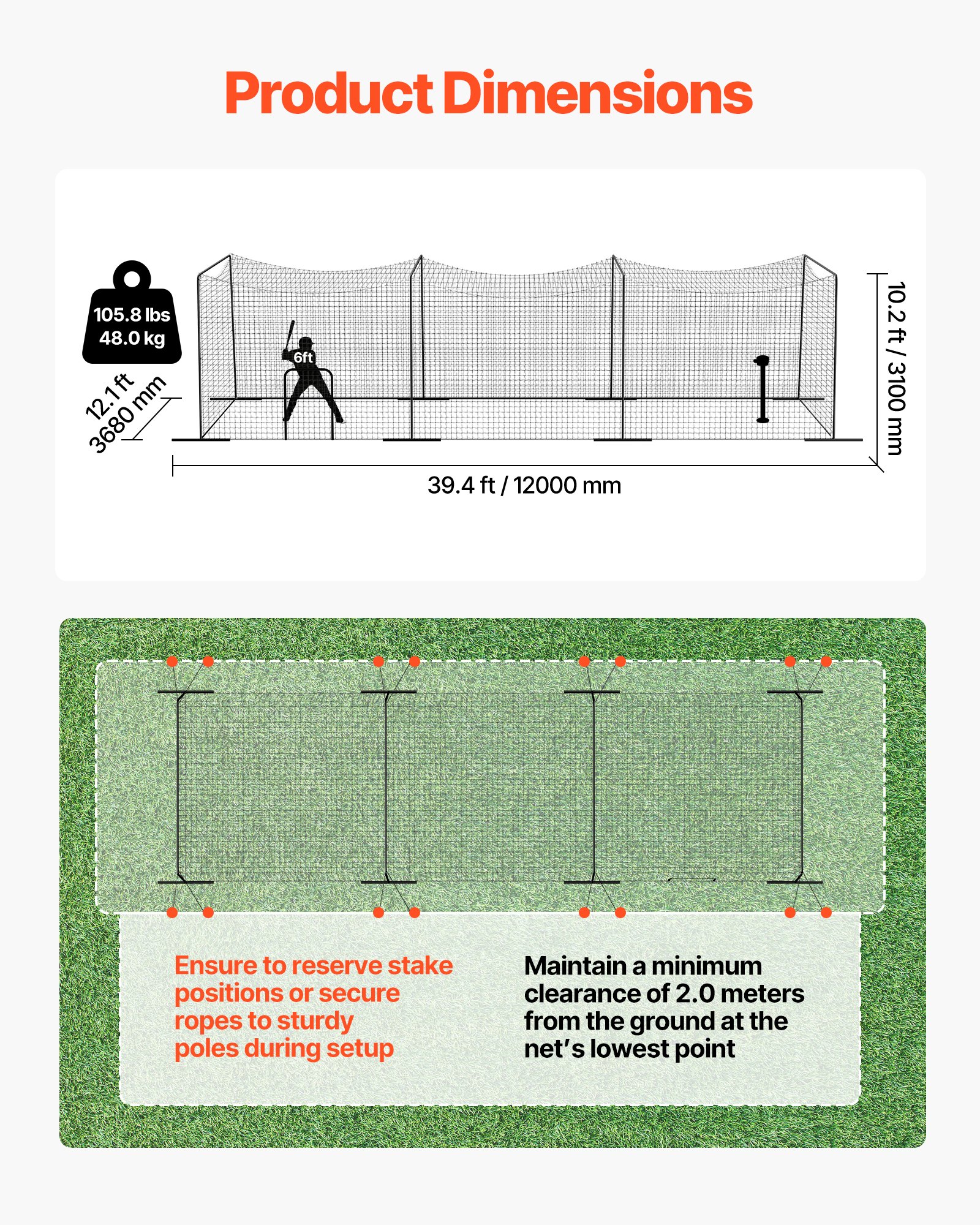 VEVOR Cușcă de baseball, 12000 x 3680 x 3100 mm, cușcă de lovire ...
