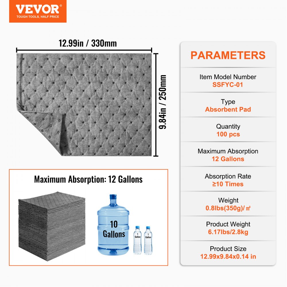 VEVOR Spill Absorbent Pads, Universal Absorbing Mat Absorbs up 12 Gal ...
