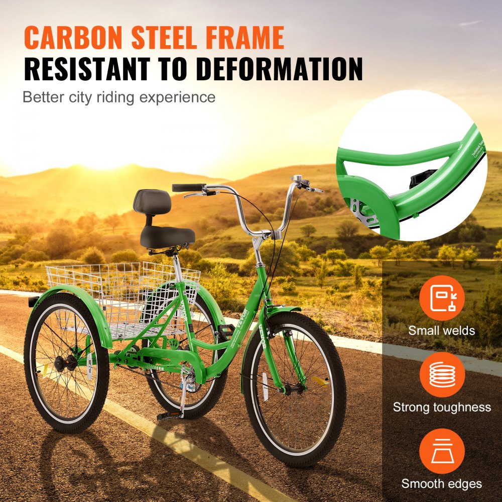 VEVOR Adult Tricycles Bike, 24 Inch Three-Wheeled Bicycles, 3 Wheel ...