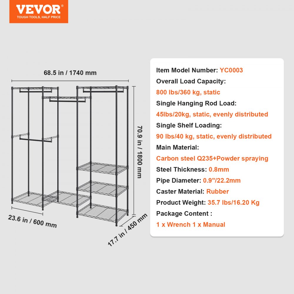 VEVOR Heavy Duty Clothes Rack, Rolling Clothing Garment Rack with 4 ...
