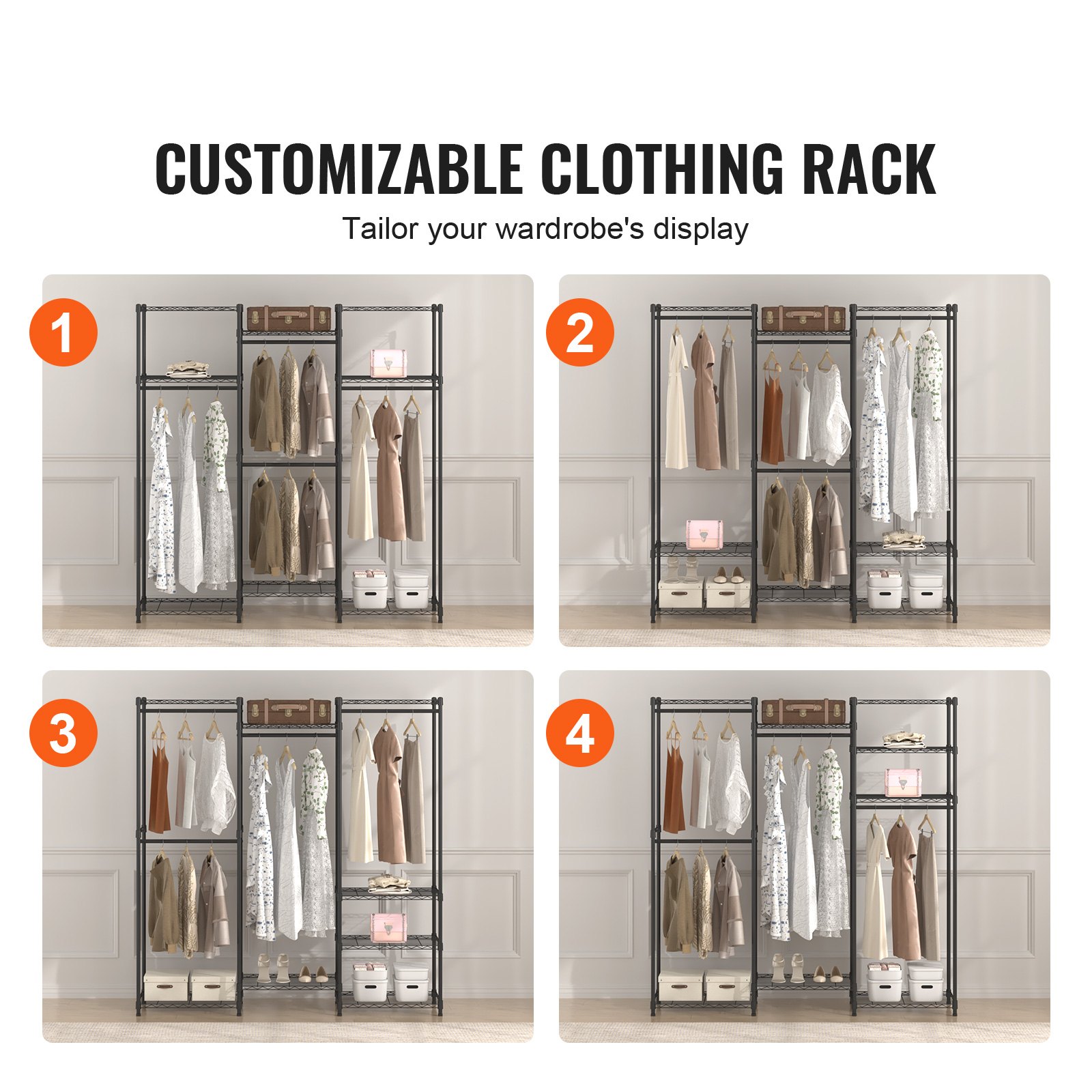 VEVOR Heavy Duty Clothes Rack, Rolling Clothing Garment Rack with 4 ...