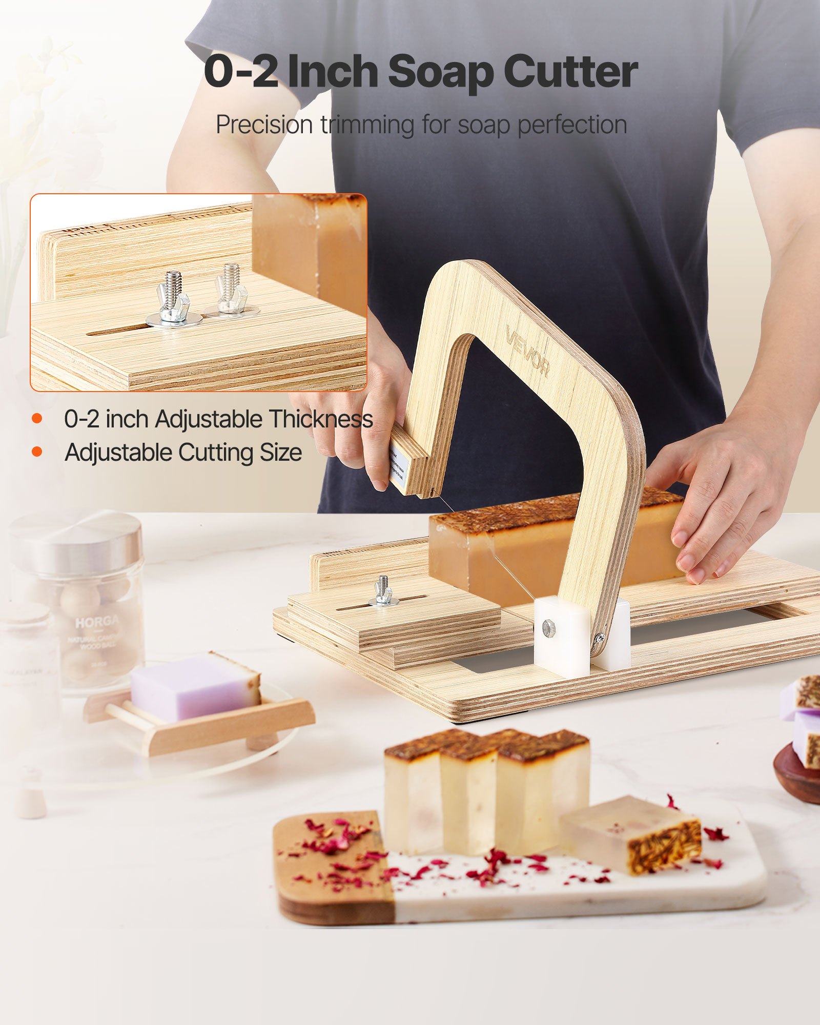 VEVOR Soap Cutter, 0-2 inch Adjustable Thickness, Wood Soap Slicer with ...