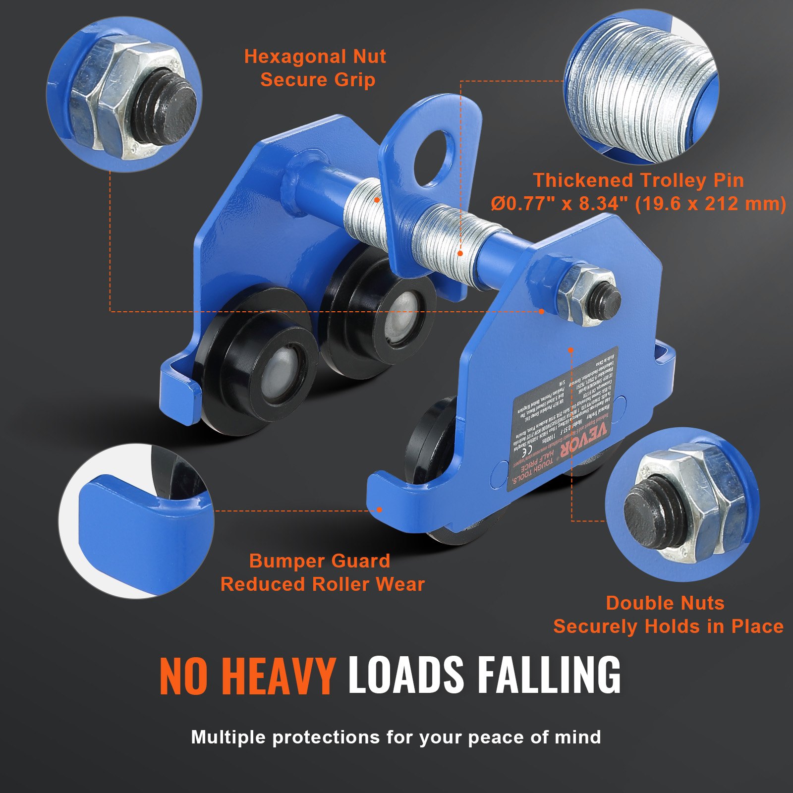 VEVOR Manual Trolley, 1100 lbs/0.5 Ton Load Capacity Push Beam Trolley ...