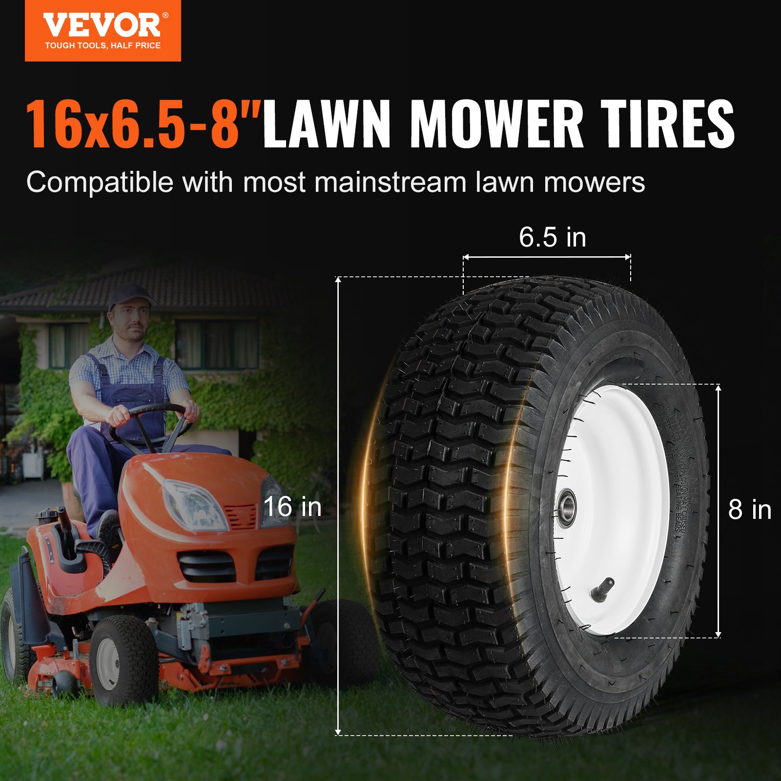 VEVOR Lawn Mower Tires with Rim, 16x6.5-8" Tubeless Tractor Tires, 2 ...