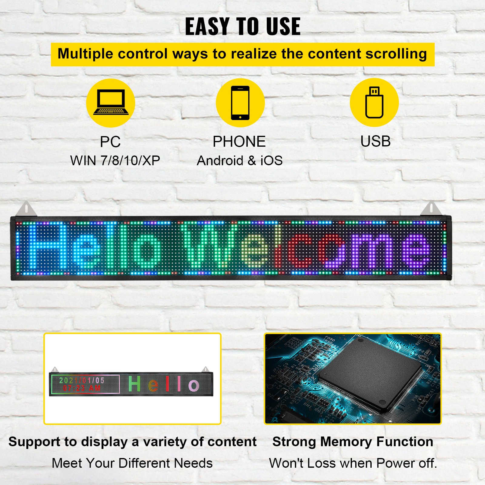 VEVOR LED Scrolling Sign, 52" x 8" WiFi & USB Control, Full Color P10 ...
