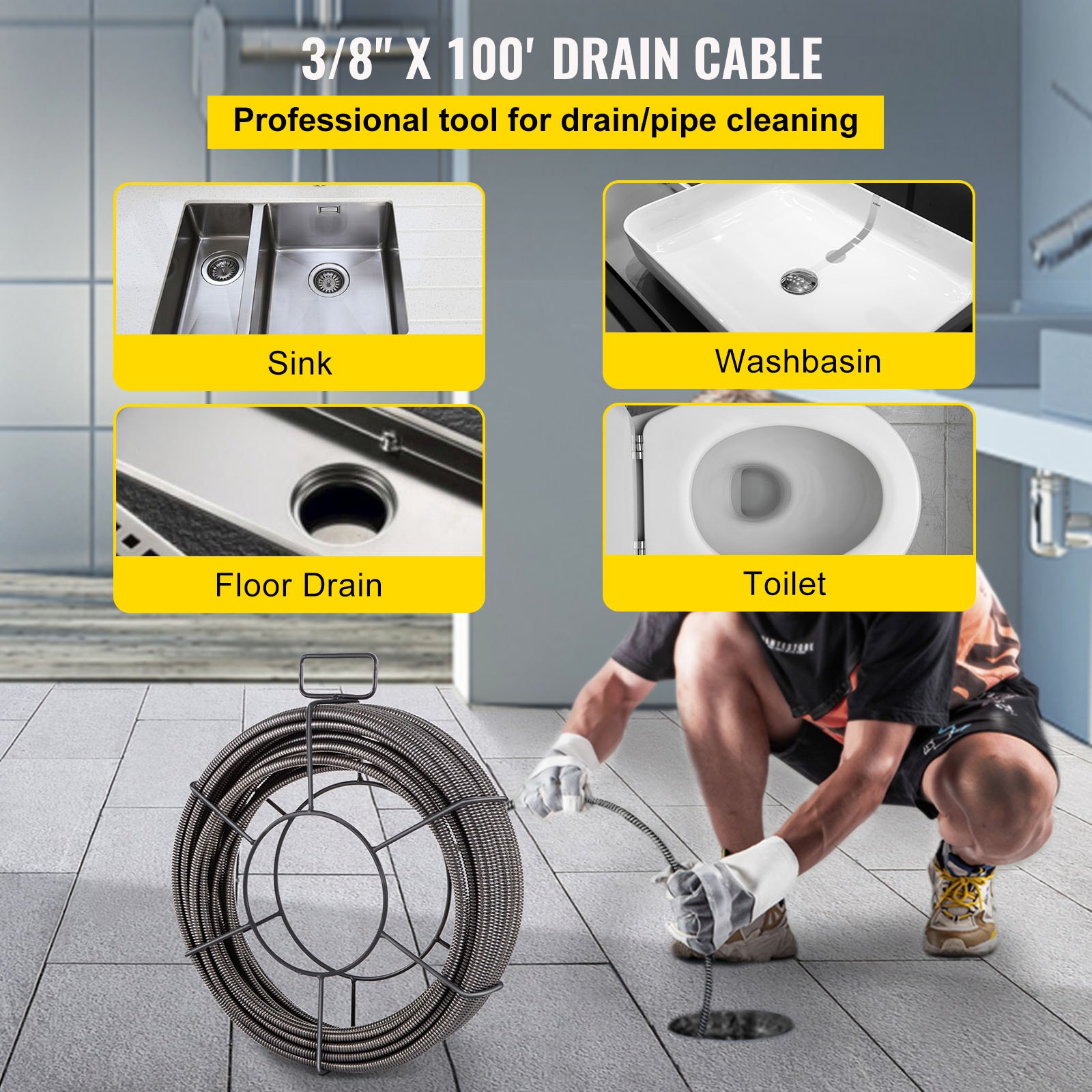 VEVOR Drain Cleaning Cable 100 FT x 3/8 Inch, Solid Core Steel Sewer ...