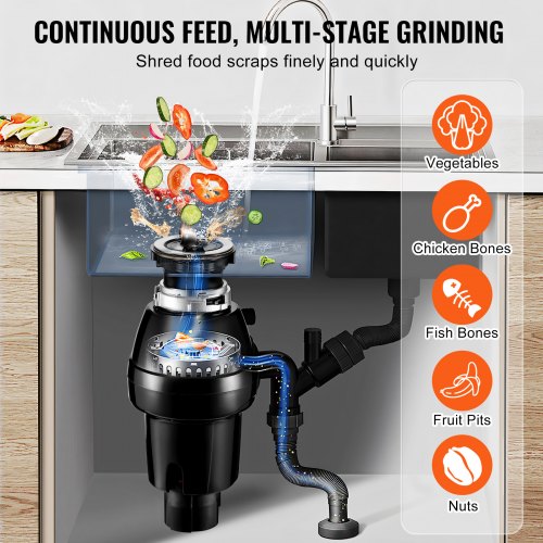 VEVOR Garbage Disposal, 3/4HP 3250RPM Continuous Feed Food Waste ...