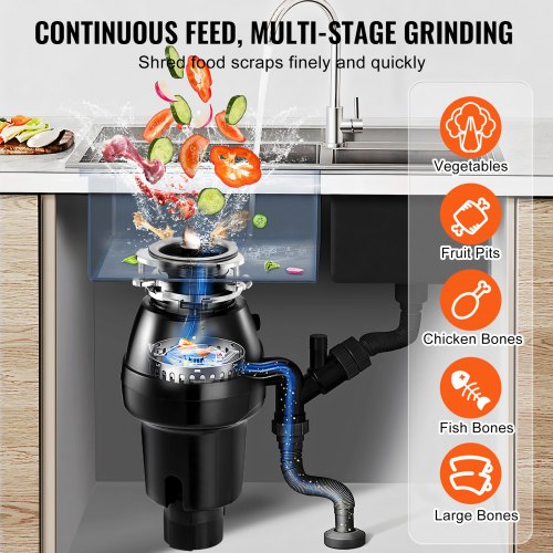 Garbage Disposal 3/4 HP Continuous Food Waste Disposer 3260 RPM 3-Bolt ...