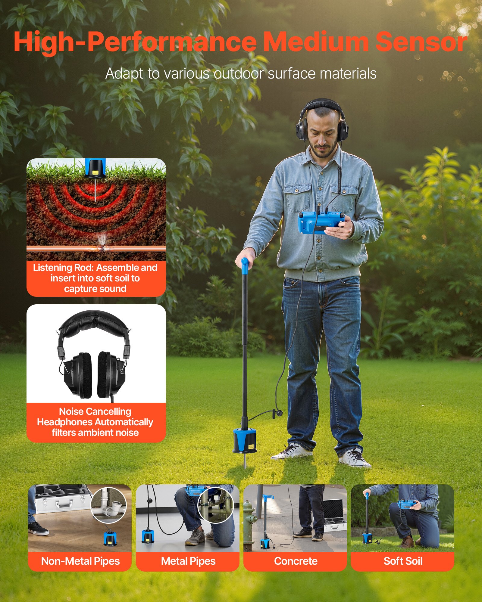 VEVOR Pipe Water Leak Detector for Outdoors, 1Hz-10000Hz, 7 ...