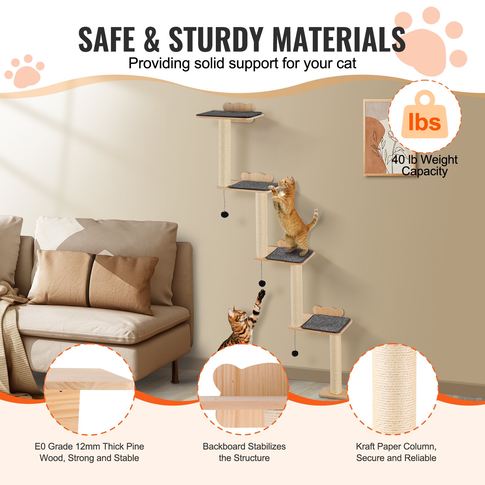 VEVOR Wall Mounted Cat Shelves Tree with Platform Tree-Shaped Cat ...