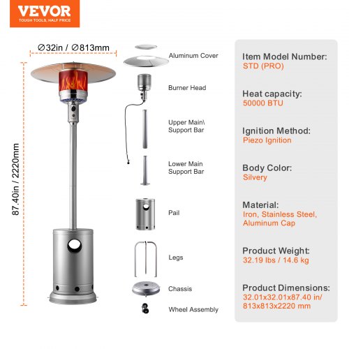 VEVOR Propane Patio Heater 50000BTU Tall Hammered w/Round Table Outdoor ...