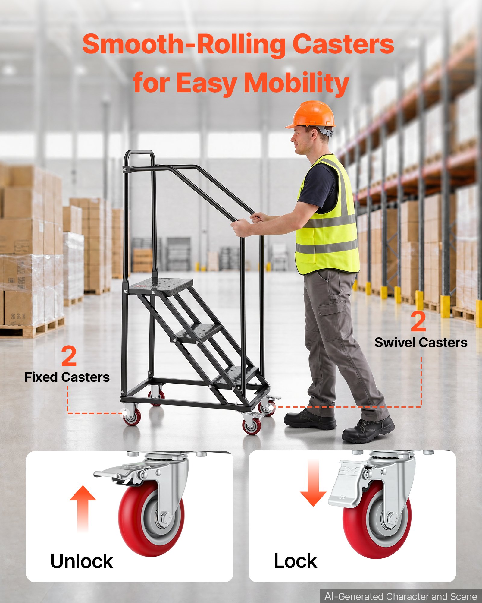 VEVOR 3-Step Rolling Warehouse Ladder, Industrial Alloy Steel Mobile ...