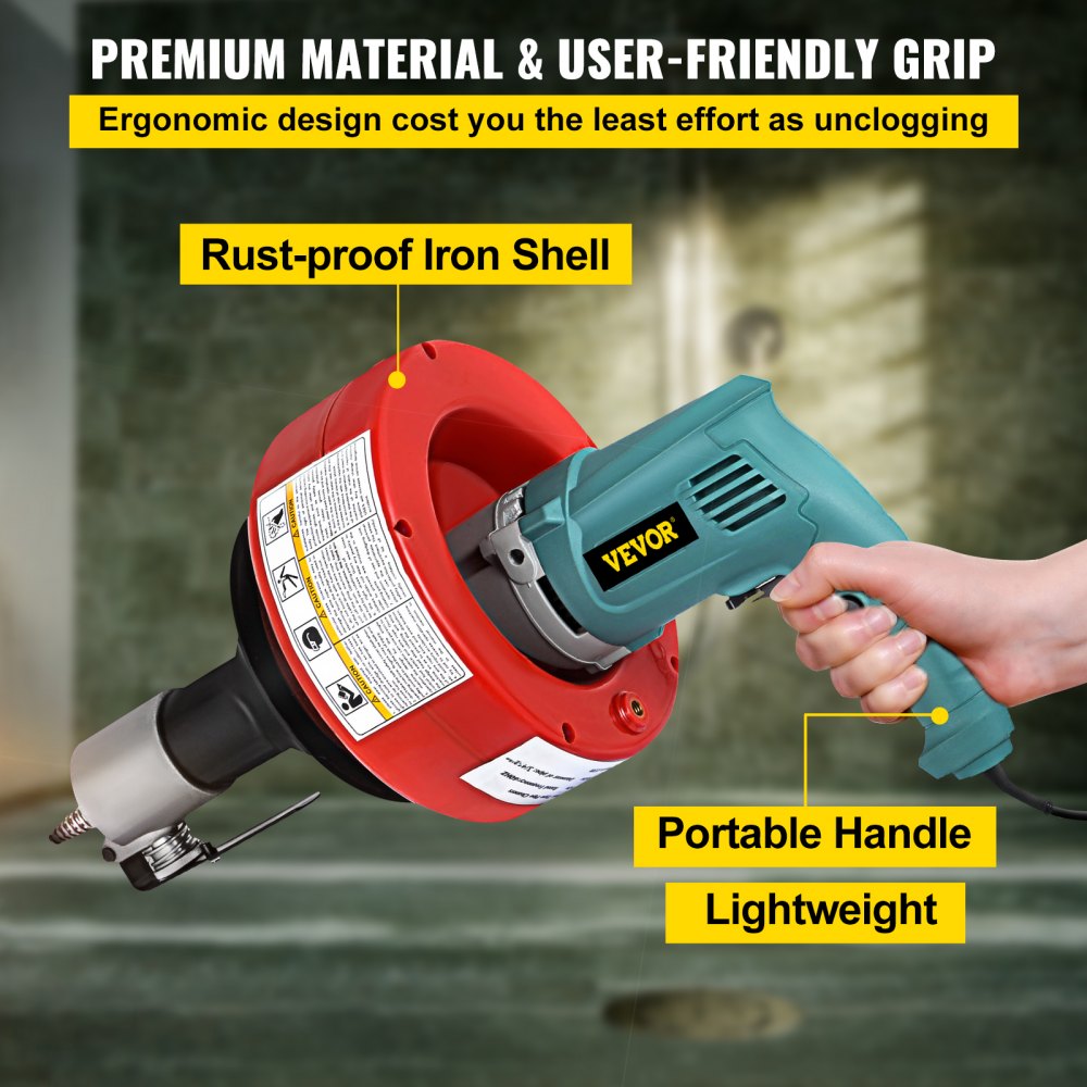 VEVOR Electric Drain Auger Cleaner, 26 ft x 1/3 in Cable Sewer Snake ...